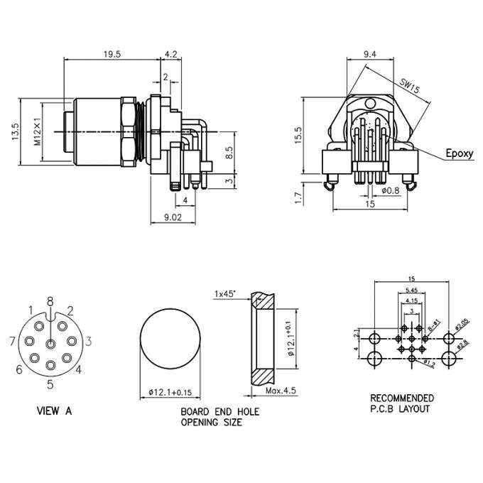 M12 8pin female 90 degree panel mount connector PCB type with IP68 ...