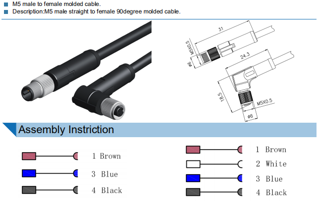 60V M5 90 Degree Cable Connector 3 4 Pin Male Female CuZn