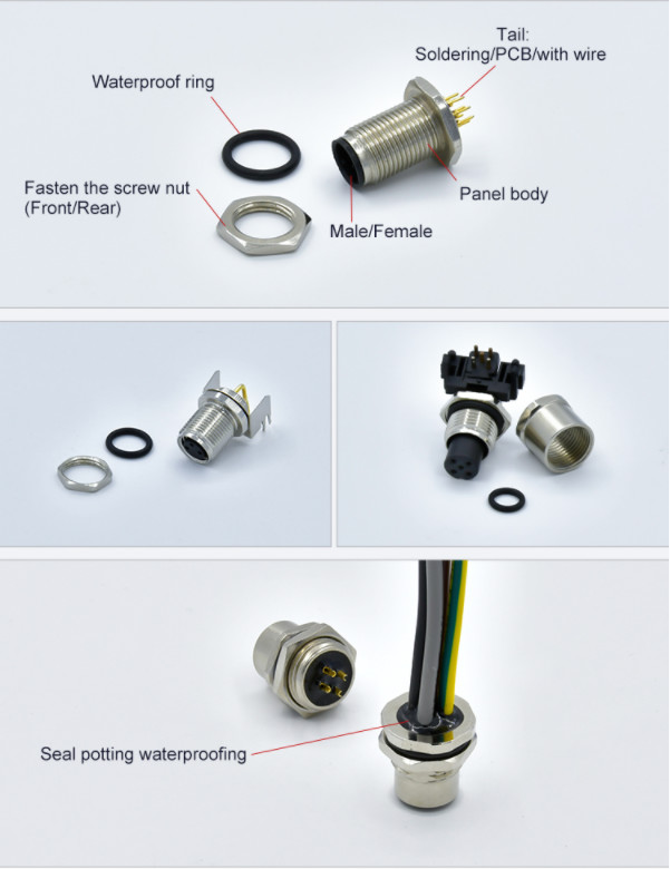 IP68 Female M12 Panel Mount Receptacle Rear Lock Metal Waterproof ...