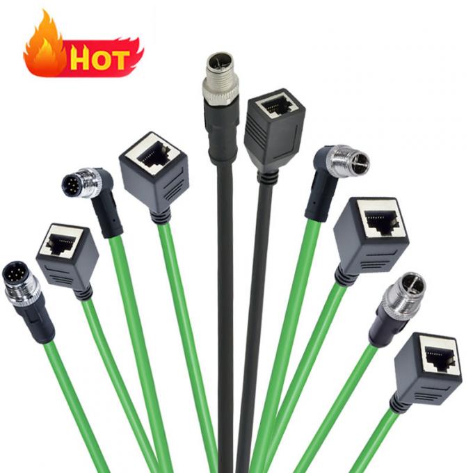 M12 To Rj45 Waterproof Cable Connectors 4 / 8 Core Ethernet Network ...